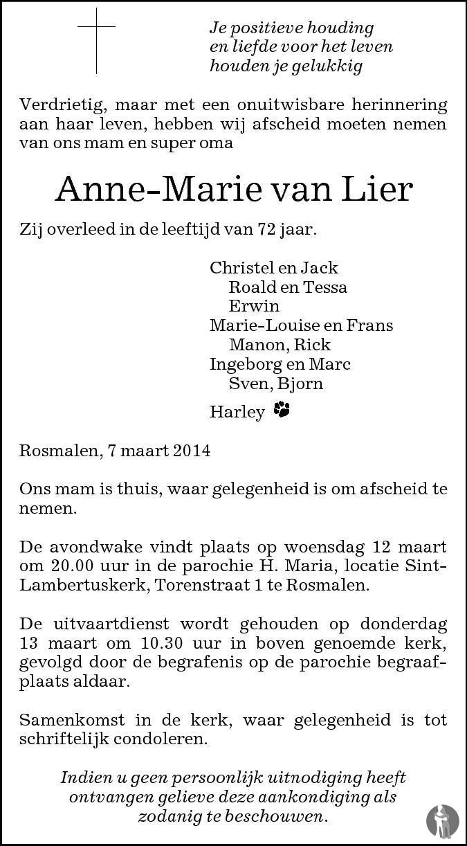 Anne-Marie van Lier 07-03-2014 overlijdensbericht en condoleances ...