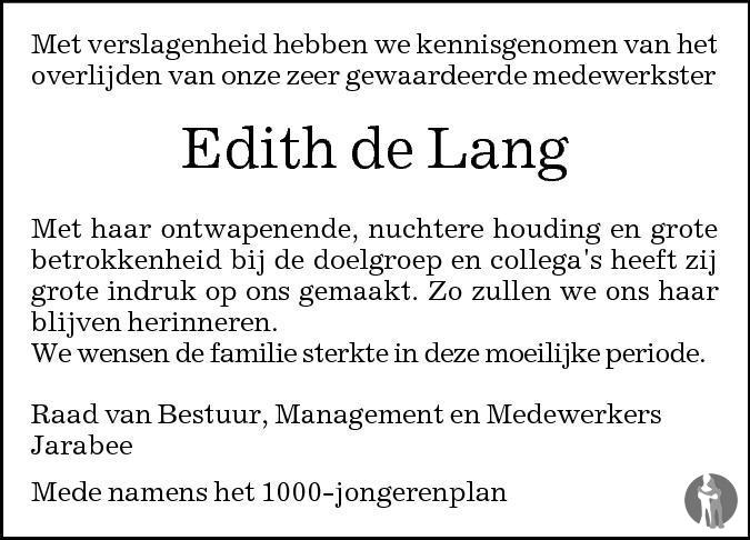 Edith de Lang 12-03-2014 overlijdensbericht en condoleances - Mensenlinq.nl