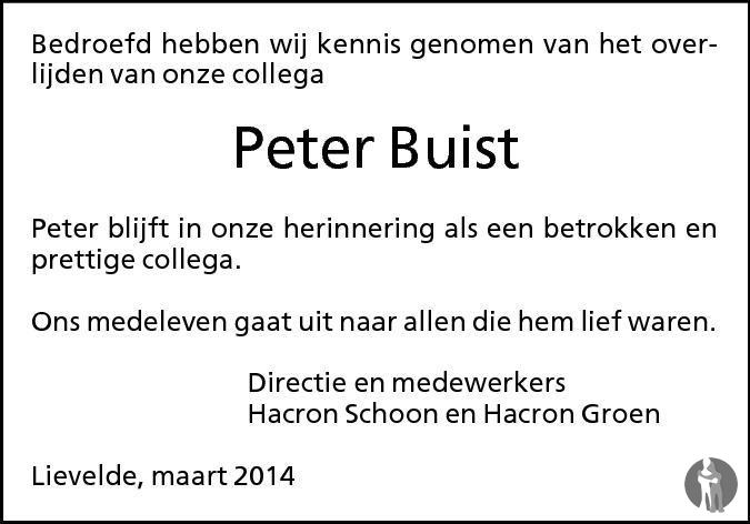 Peter Buist 19-03-2014 overlijdensbericht en condoleances - Mensenlinq.nl