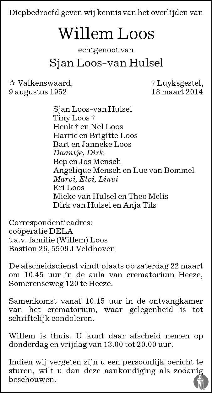 Willem Loos 18-03-2014 overlijdensbericht en condoleances - Mensenlinq.nl
