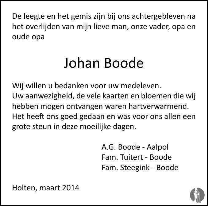 Johan Boode 11-02-2014 overlijdensbericht en condoleances - Mensenlinq.nl
