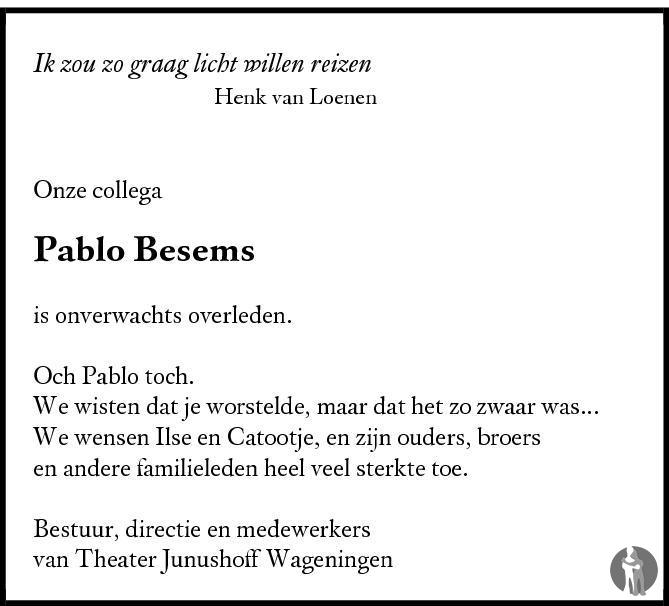 Pablo Besems 25-03-2014 overlijdensbericht en condoleances - Mensenlinq.nl
