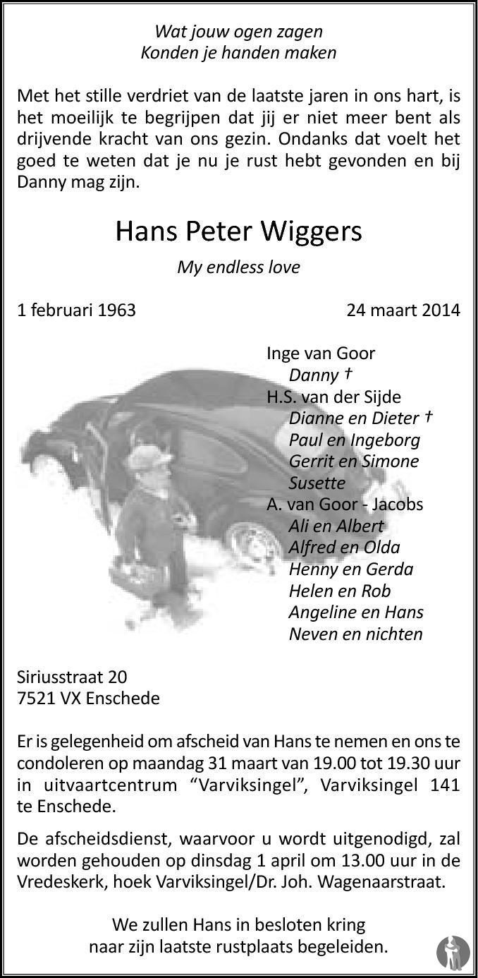Hans Peter Wiggers 24-03-2014 overlijdensbericht en condoleances - Mensenlinq.nl
