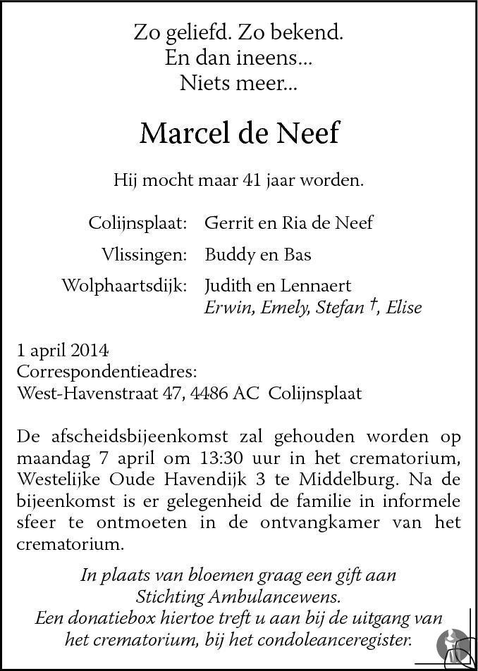Marcel de Neef 01-04-2014 overlijdensbericht en condoleances ...
