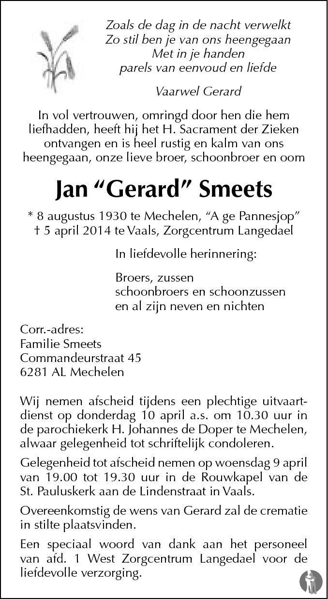 Jan (Gerard) Smeets 05-04-2014 overlijdensbericht en condoleances ...