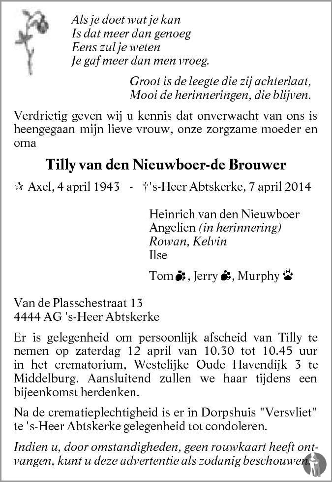 Tilly van den Nieuwboer - de Brouwer 07-04-2014 overlijdensbericht en ...