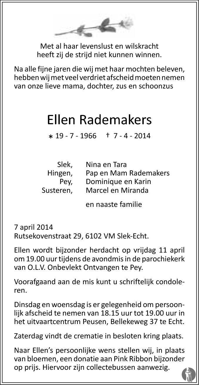 Ellen Rademakers 07-04-2014 overlijdensbericht en condoleances ...
