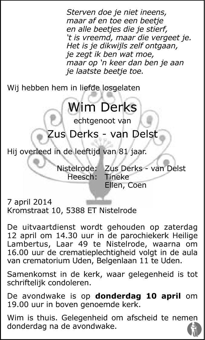 Wim Derks 07-04-2014 overlijdensbericht en condoleances - Mensenlinq.nl