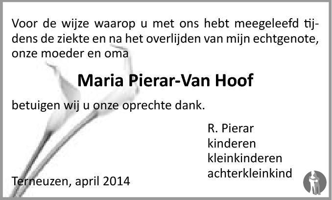 Maria Pierar - Van Hoof 17-03-2014 overlijdensbericht en condoleances ...