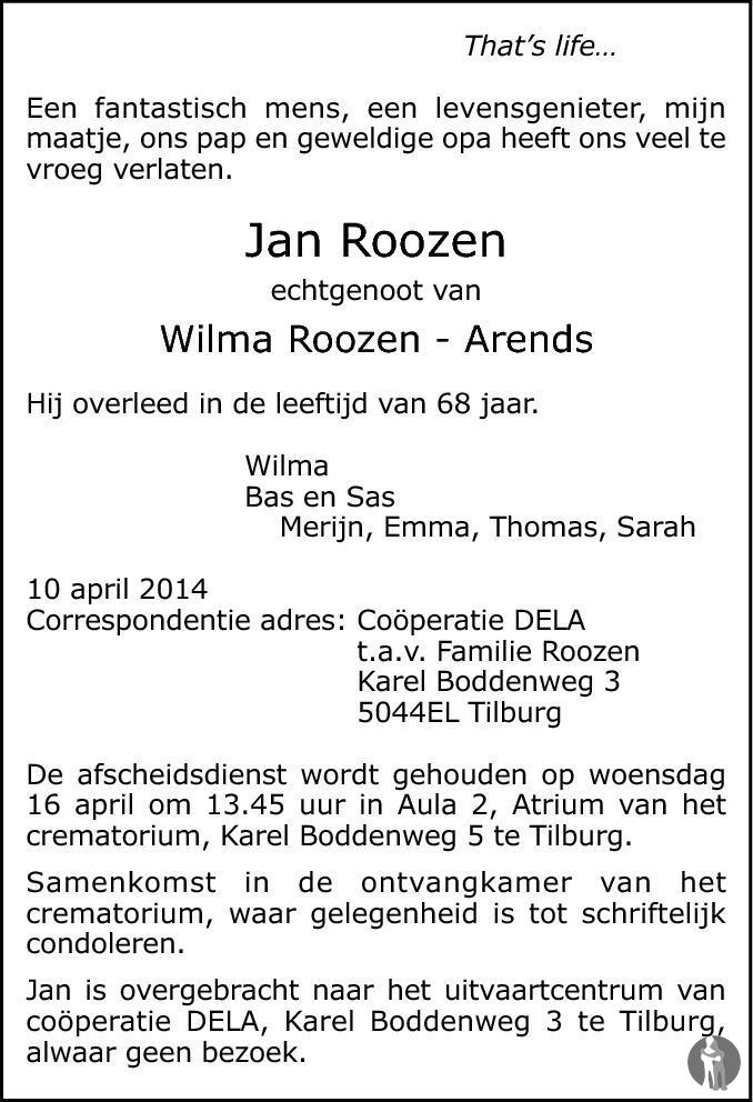Jan Roozen 10-04-2014 overlijdensbericht en condoleances - Mensenlinq.nl