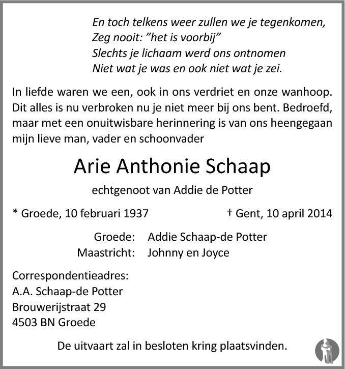 Arie Anthonie Schaap 10-04-2014 overlijdensbericht en condoleances ...