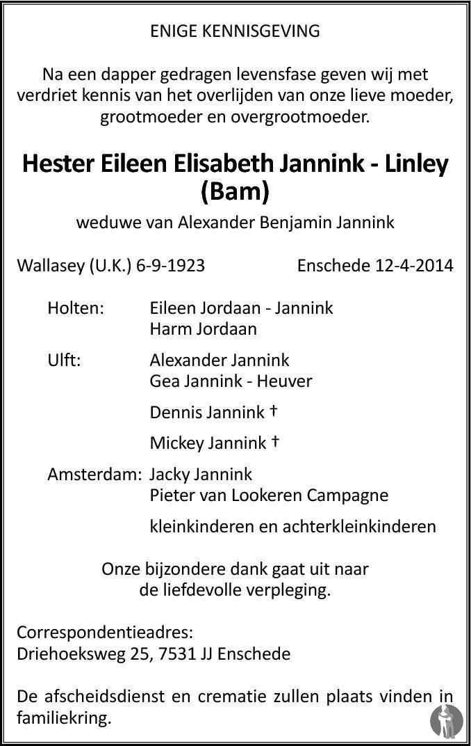 Hester Eileen Elisabeth (Bam) Jannink - Linley 12-04-2014 ...