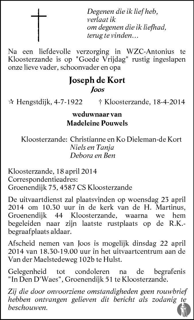Joseph (Joos) de Kort 18-04-2014 overlijdensbericht en condoleances ...