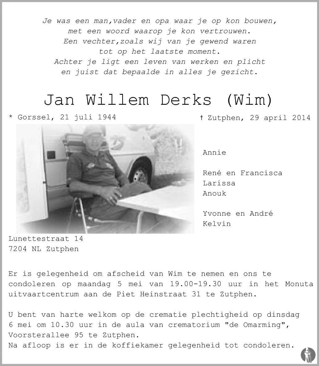 Jan Willem (Wim) Derks 29-04-2014 overlijdensbericht en condoleances ...