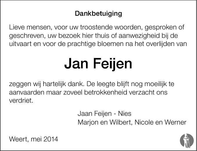Jan Feijen 18-03-2014 overlijdensbericht en condoleances - Mensenlinq.nl
