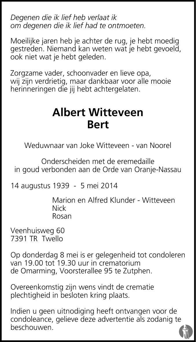 Albert (Bert) Witteveen 05-05-2014 overlijdensbericht en condoleances ...