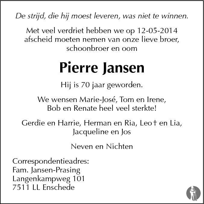 Pierre Jansen 12-05-2014 overlijdensbericht en condoleances - Mensenlinq.nl