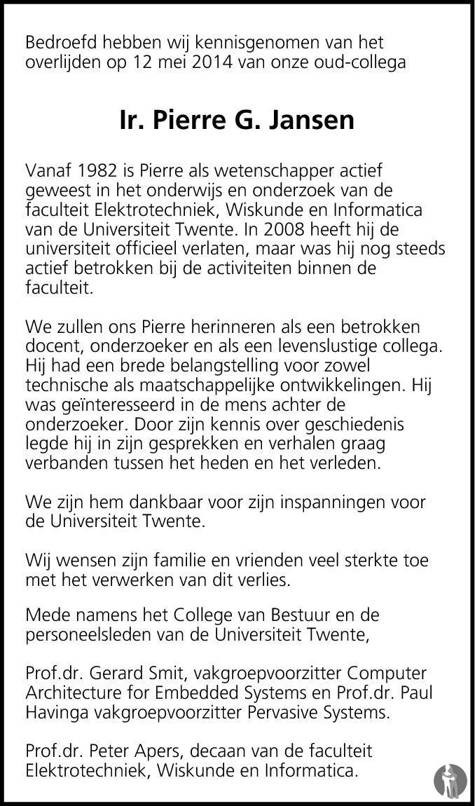 Pierre Jansen 12-05-2014 overlijdensbericht en condoleances - Mensenlinq.nl