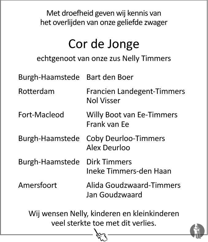 Cornelis (Cor) de Jonge 13-05-2014 overlijdensbericht en condoleances ...