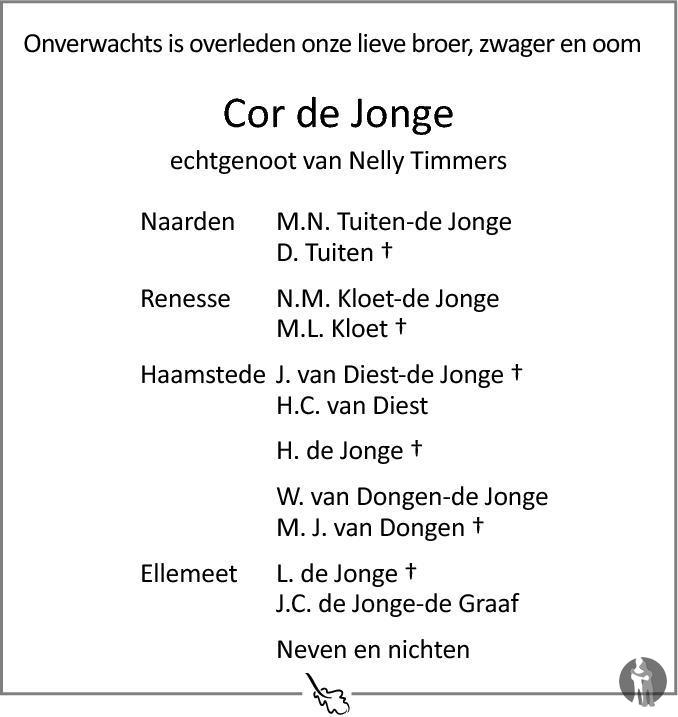 Cornelis (Cor) de Jonge 13-05-2014 overlijdensbericht en condoleances ...