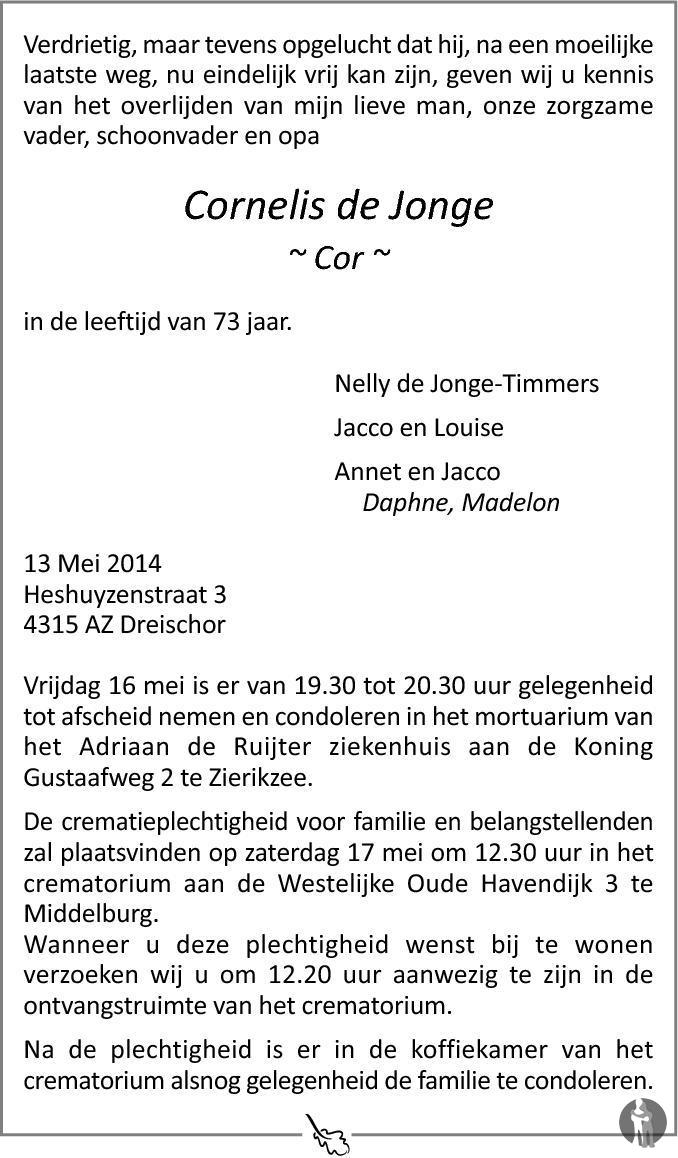 Cornelis (Cor) de Jonge 13-05-2014 overlijdensbericht en condoleances ...