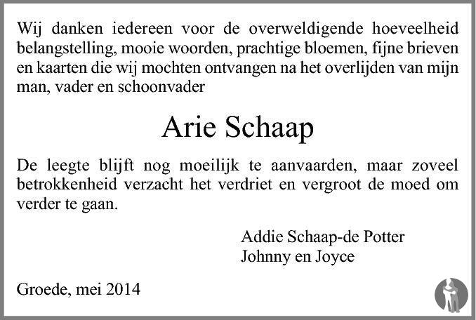 Arie Anthonie Schaap 10-04-2014 overlijdensbericht en condoleances ...