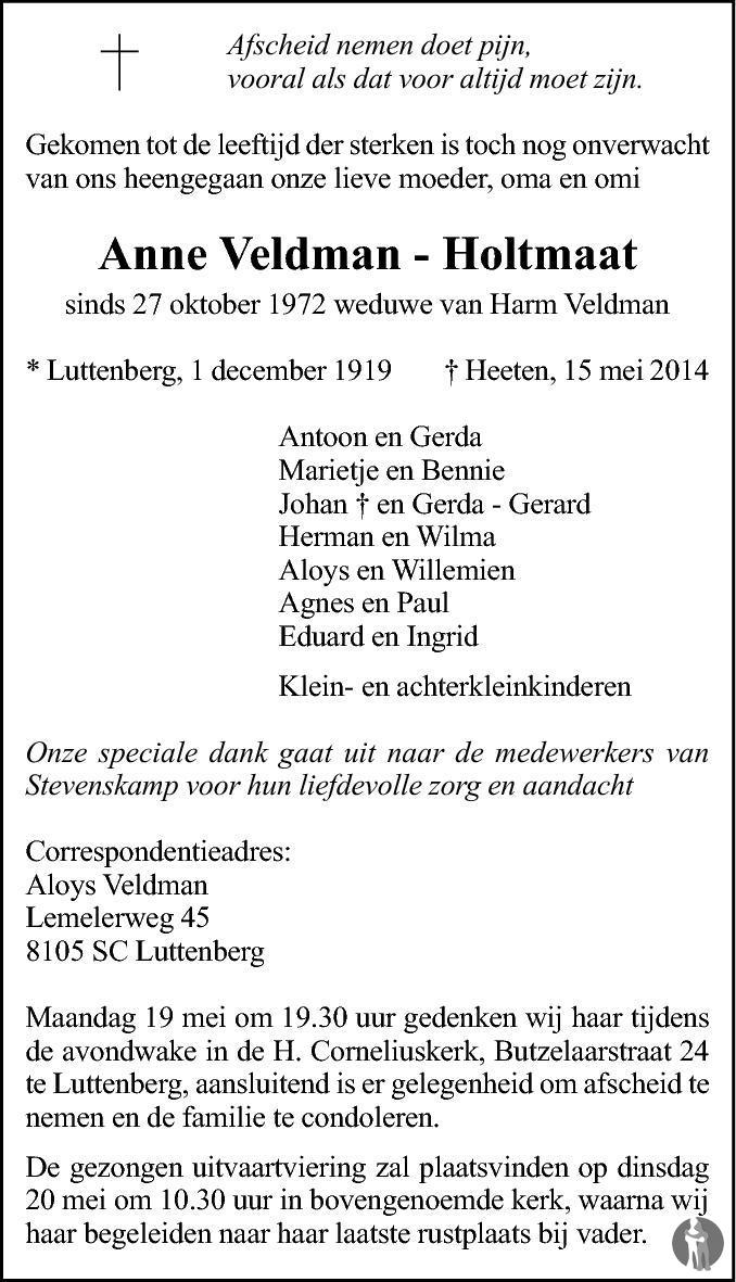 Anne Veldman - Holtmaat 15-05-2014 overlijdensbericht en condoleances ...