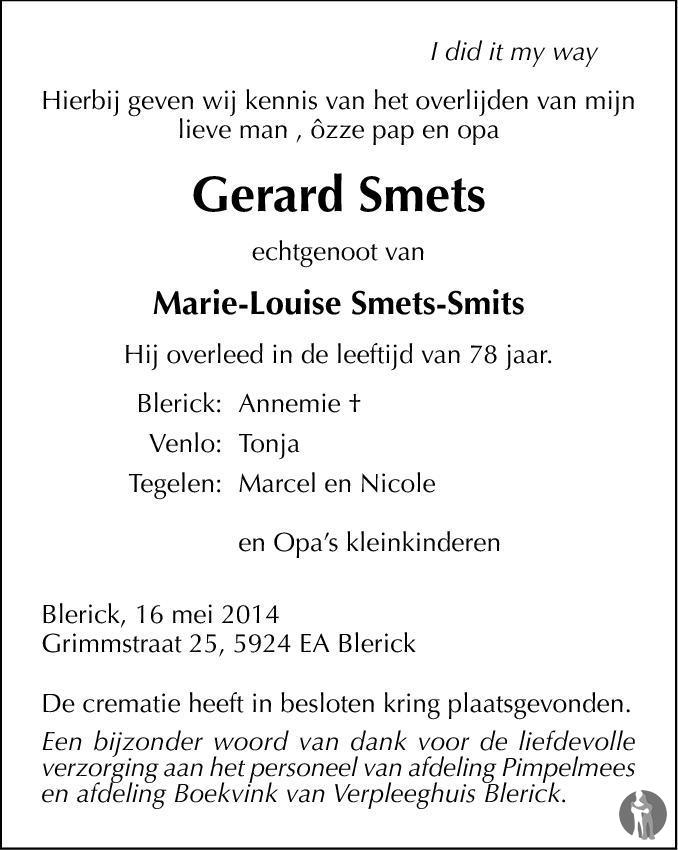 Gerard Smets 16-05-2014 overlijdensbericht en condoleances - Mensenlinq.nl