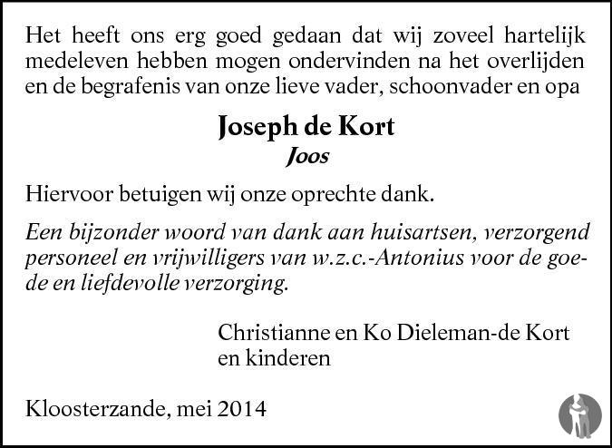 Joseph (Joos) de Kort 18-04-2014 overlijdensbericht en condoleances ...