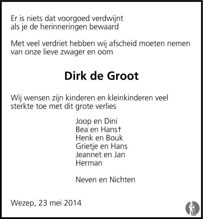 Dirk de Groot 23-05-2014 overlijdensbericht en condoleances - Mensenlinq.nl
