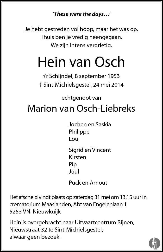 Hein van Osch 24-05-2014 overlijdensbericht en condoleances - Mensenlinq.nl