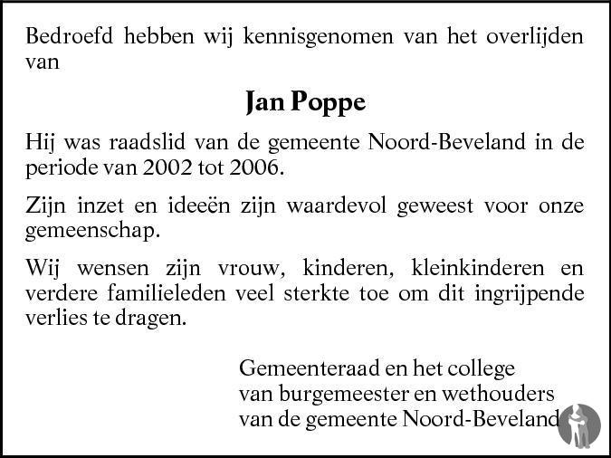 Jan Poppe 30-05-2014 overlijdensbericht en condoleances - Mensenlinq.nl