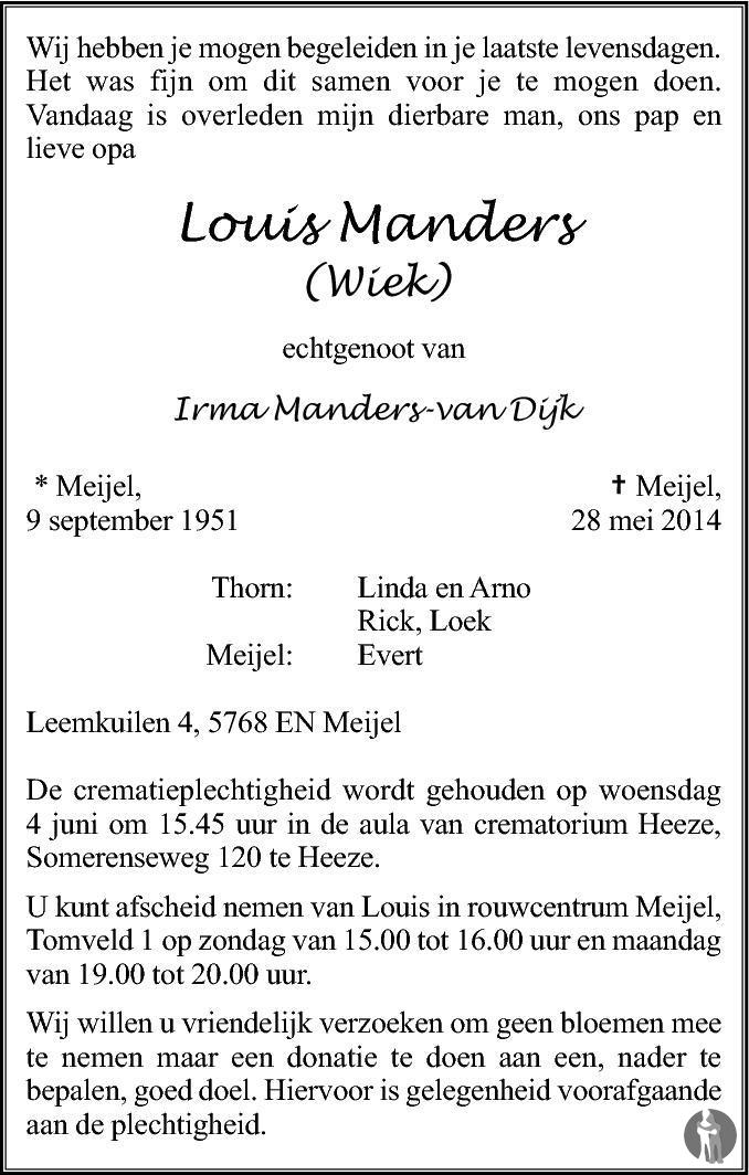 Louis (Wiek) Manders 28-05-2014 overlijdensbericht en condoleances ...