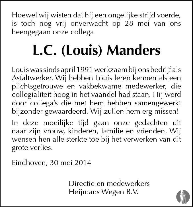 Louis (Wiek) Manders 28-05-2014 overlijdensbericht en condoleances ...