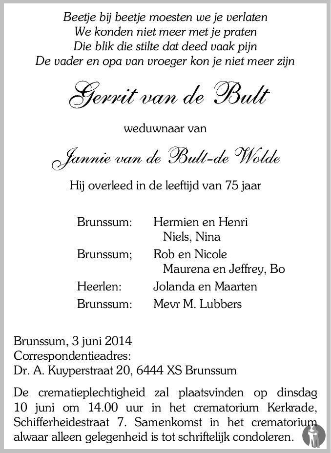 Gerrit van de Bult 03-06-2014 overlijdensbericht en condoleances ...