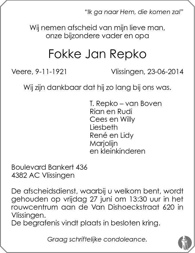 Fokke Jan Repko 23-06-2014 overlijdensbericht en condoleances ...