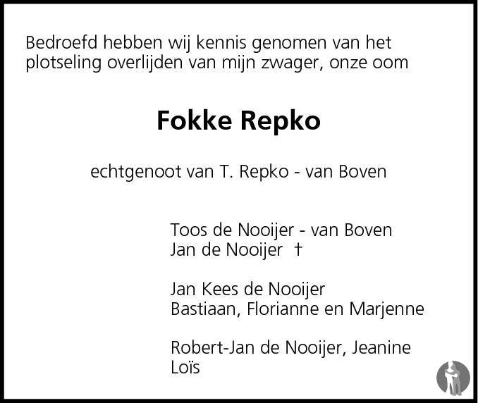 Fokke Jan Repko 23-06-2014 overlijdensbericht en condoleances ...