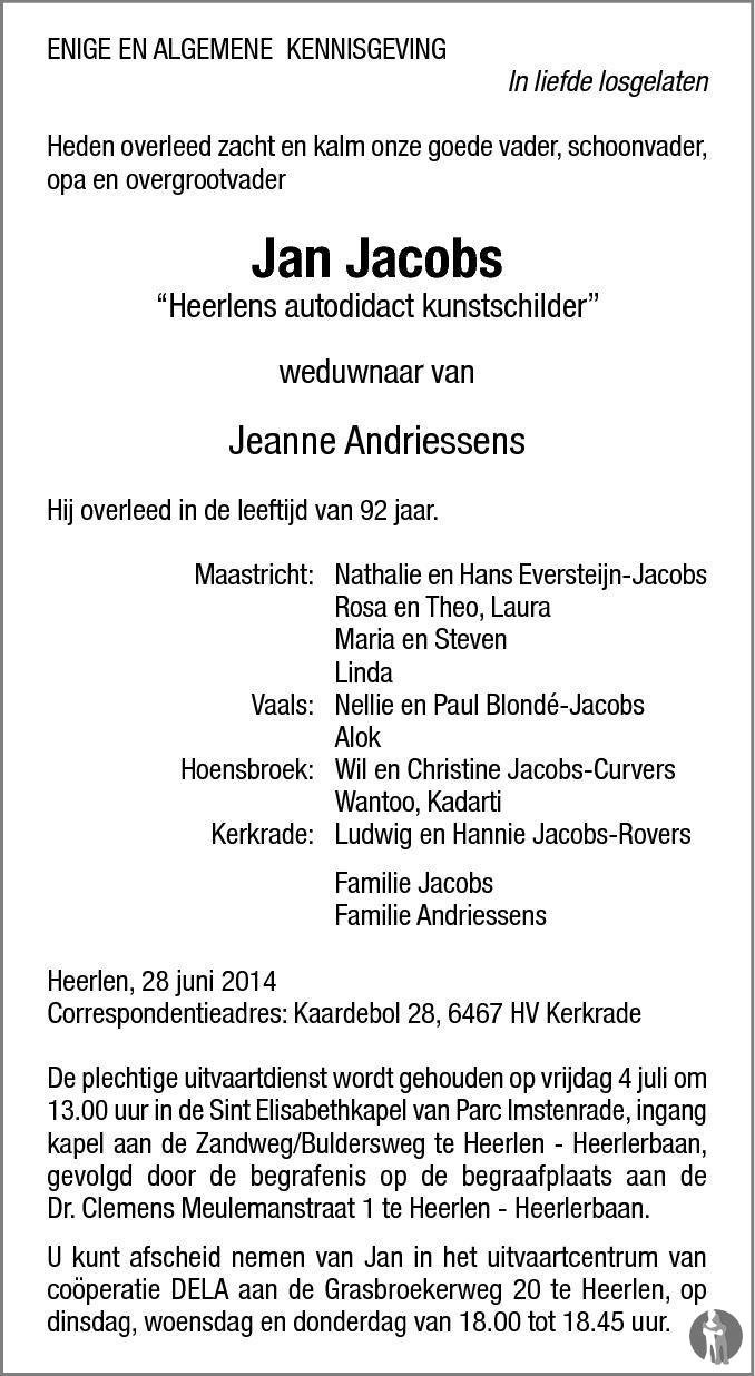 Jan Jacobs 28-06-2014 overlijdensbericht en condoleances - Mensenlinq.nl