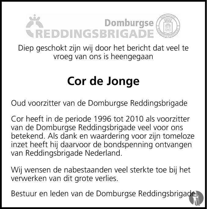 Cornelis (Cor) de Jonge 29-06-2014 overlijdensbericht en condoleances ...