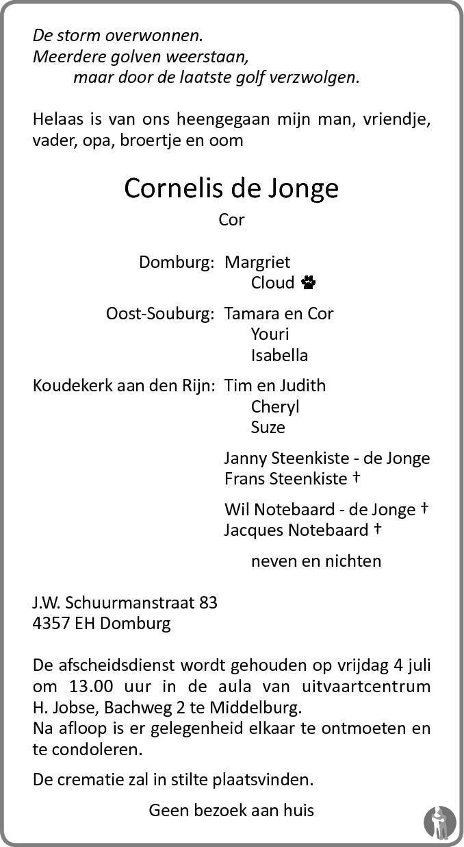 Cornelis (Cor) de Jonge 29-06-2014 overlijdensbericht en condoleances ...