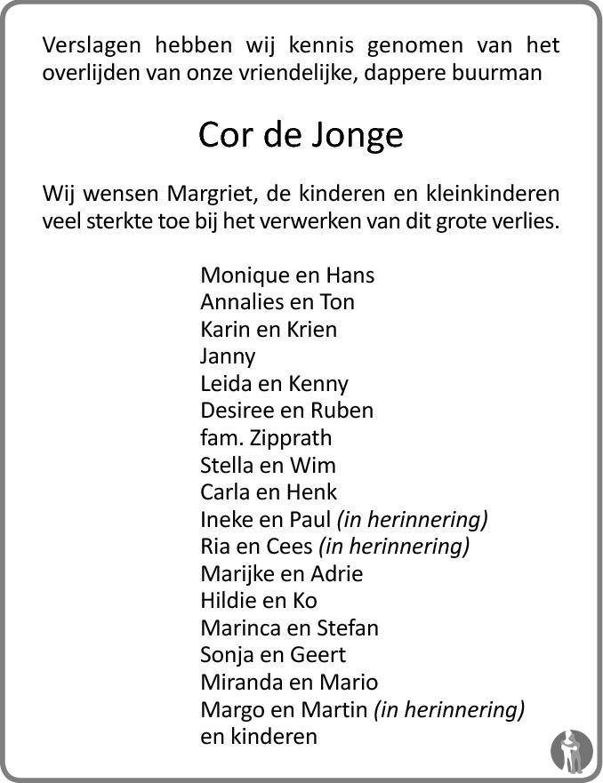 Cornelis (Cor) de Jonge 29-06-2014 overlijdensbericht en condoleances ...