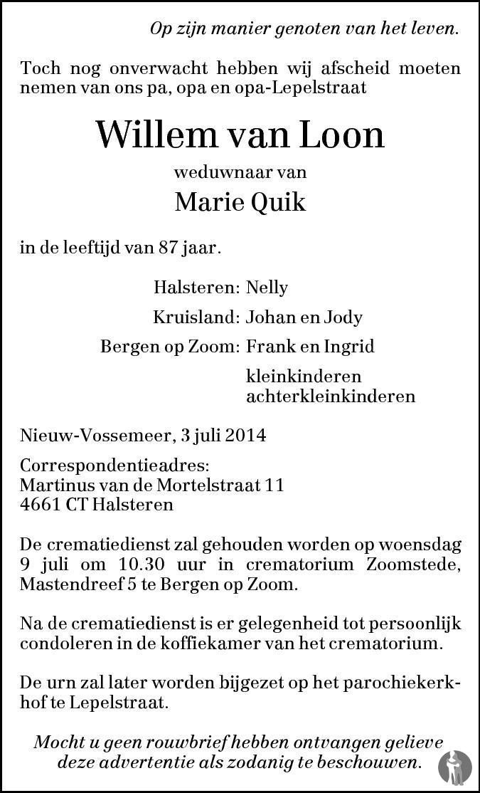 Willem van Loon 03-07-2014 overlijdensbericht en condoleances ...