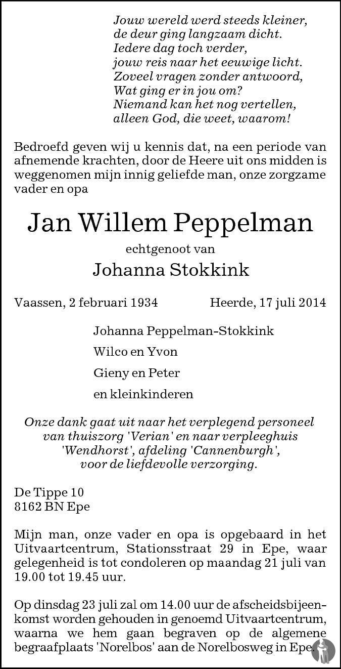 Jan Willem Peppelman 17-07-2014 overlijdensbericht en condoleances ...