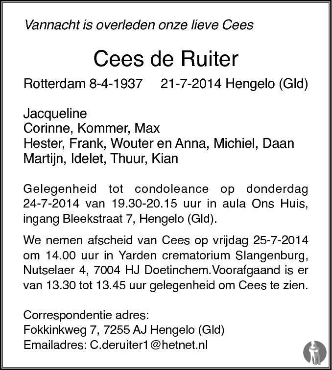Cees de Ruiter 21-07-2014 overlijdensbericht en condoleances ...