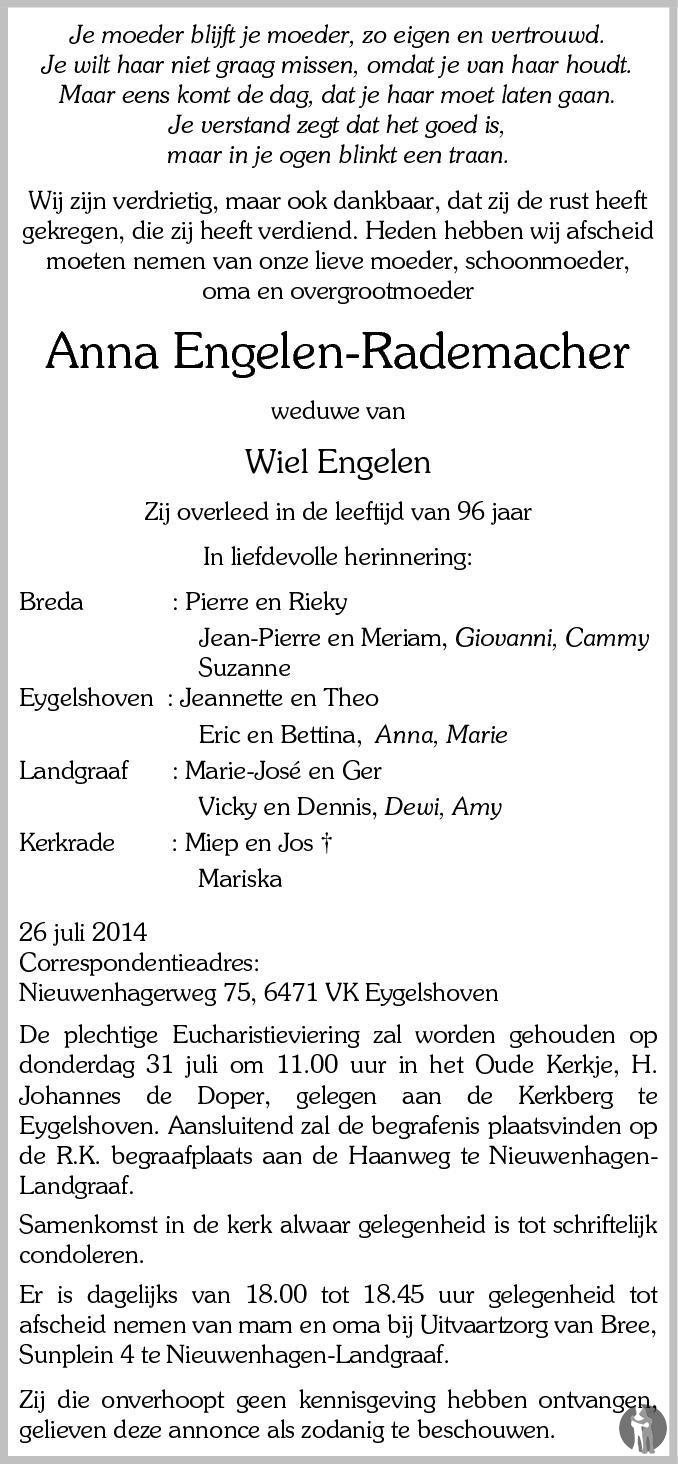 Anna Engelen - Rademacher 26-07-2014 overlijdensbericht en condoleances ...