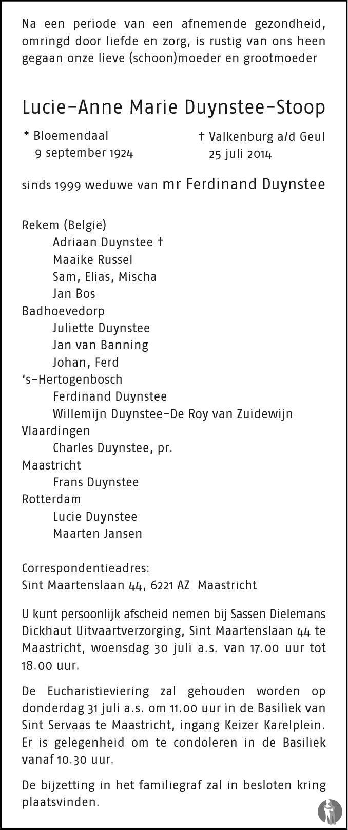 Lucie-Anne Marie Duynstee - Stoop 25-07-2014 overlijdensbericht en ...