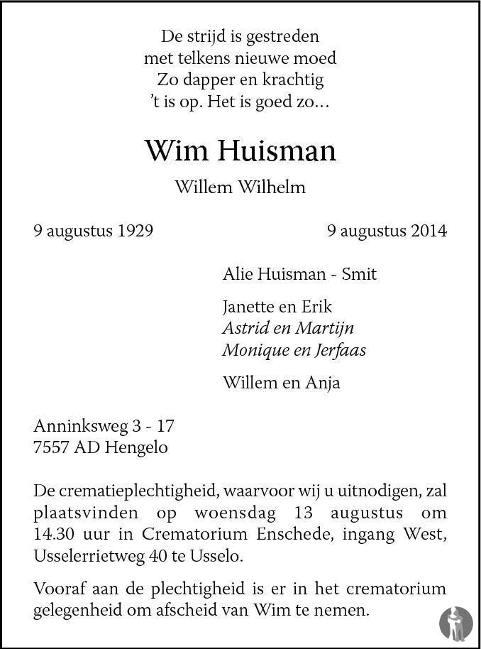 Willem Wilhelm (Wim) Huisman 09-08-2014 overlijdensbericht en ...