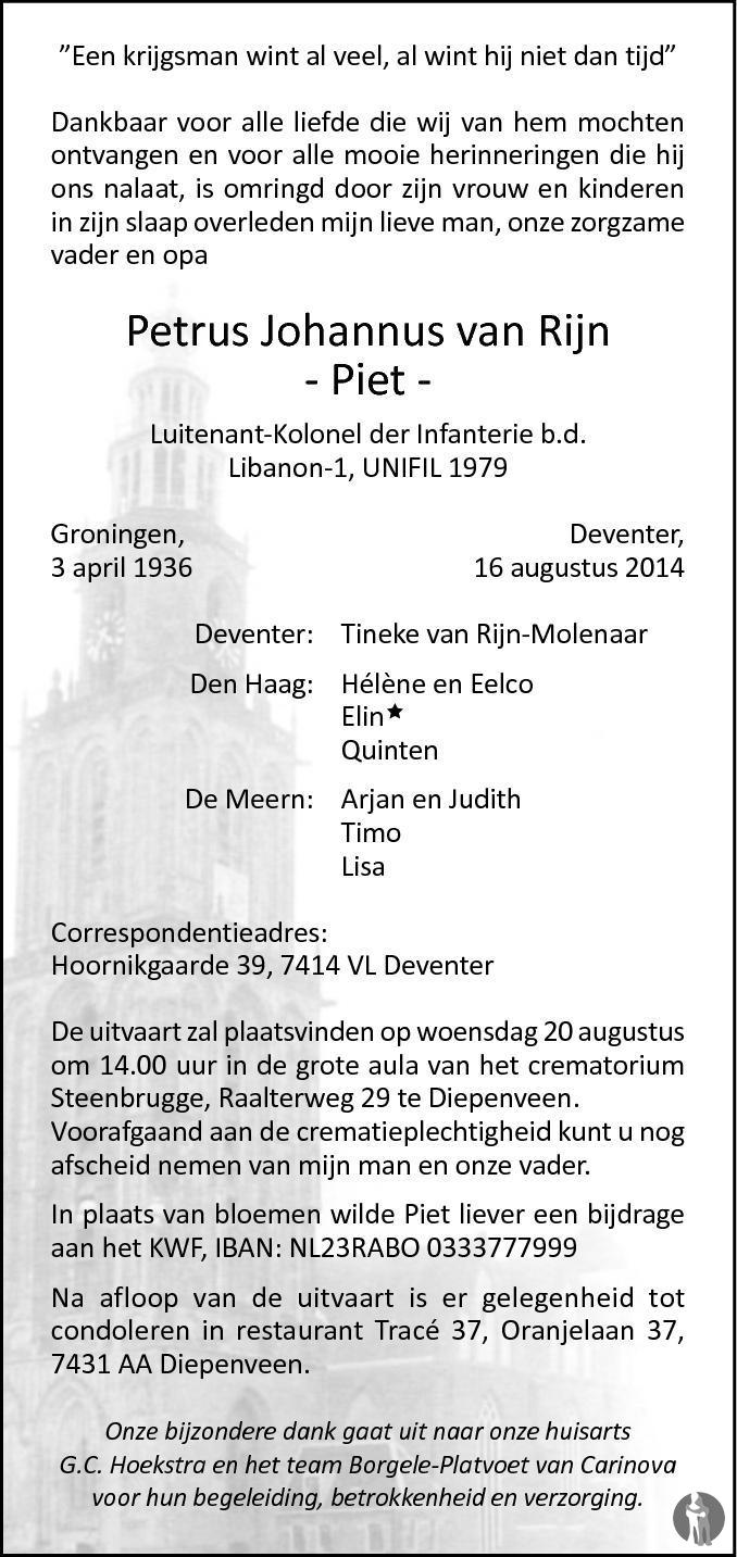 Petrus Johannus (Piet) van Rijn 16-08-2014 overlijdensbericht en ...