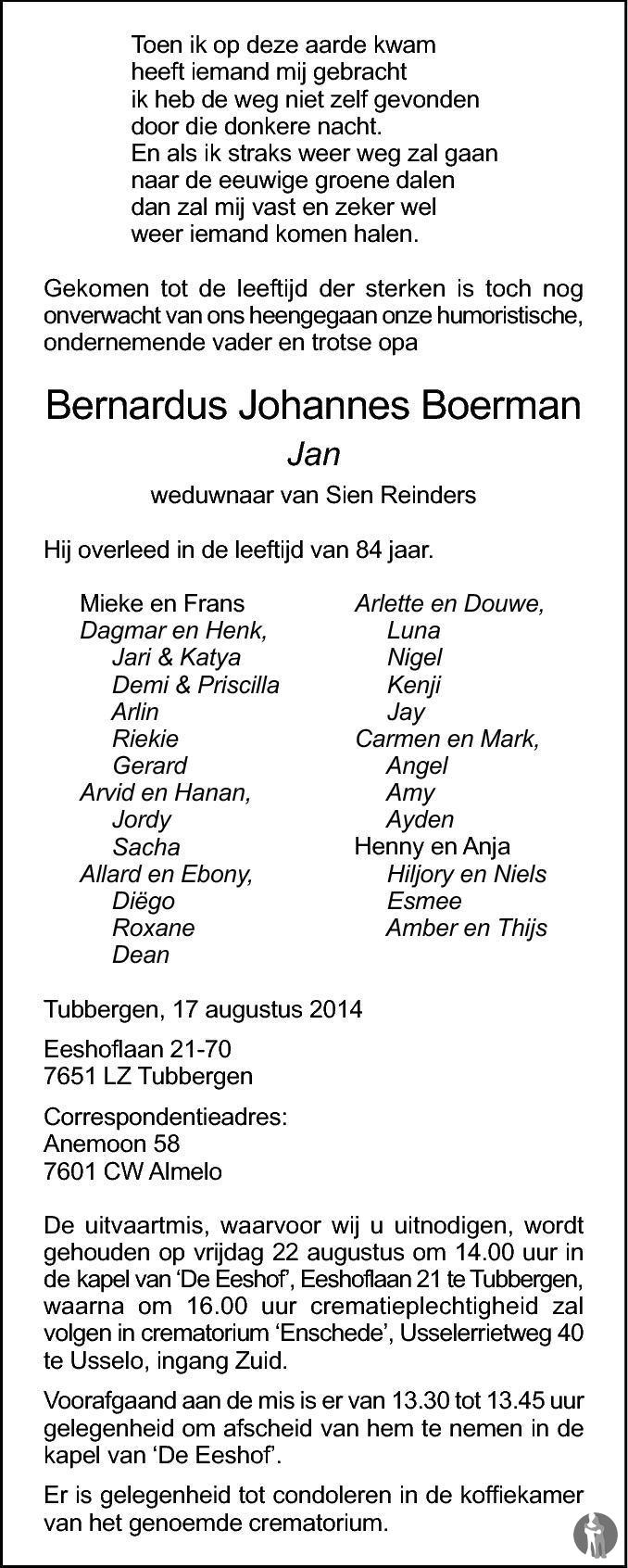 Bernardus Johannes (Jan) Boerman 17-08-2014 overlijdensbericht en condoleances - Mensenlinq.nl