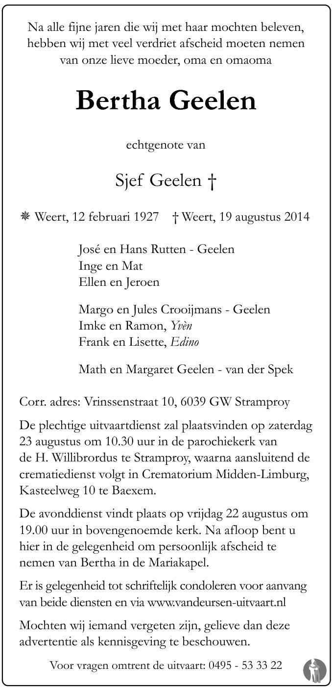 Bertha Geelen 19-08-2014 overlijdensbericht en condoleances - Mensenlinq.nl
